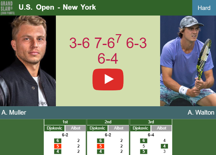 Alexandre Muller victorious over Walton in the 1st round to battle vs Zverev at the U.S. Open ...